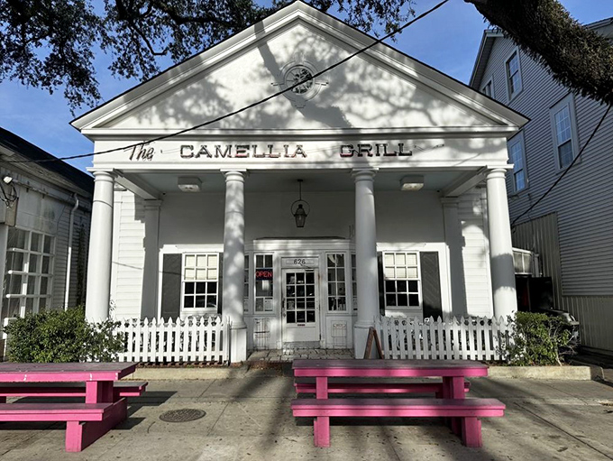 Pretty in pink! These outdoor benches are like a warm Southern welcome, inviting you to sit a spell and stay awhile.