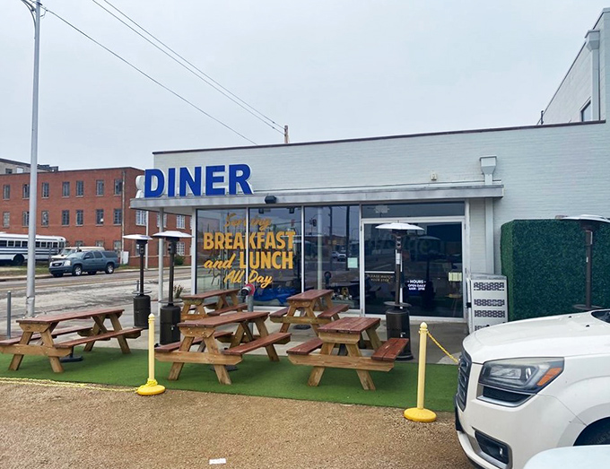 Outdoor seating that says, "Come for the waffles, stay for the people-watching." It's al fresco dining with a side of small-town charm.