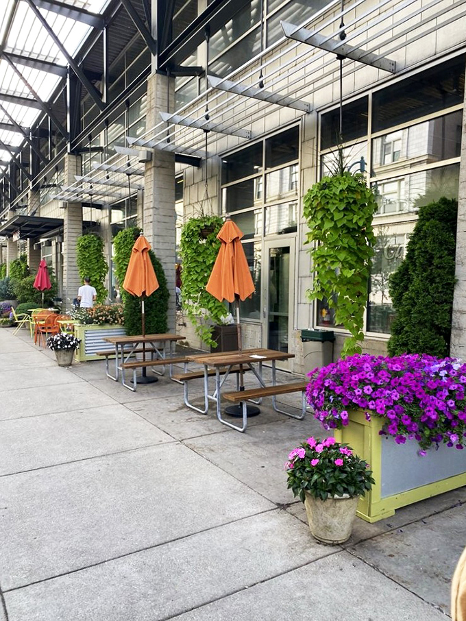 Outdoor seating that's blooming with charm. It's like dining in a secret garden, if that garden specialized in serving amazing seafood.