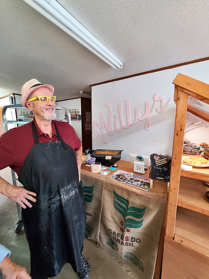 Meet the maestro behind the magic! Willy's owner proves that the best accessory for any outfit is a dusting of flour and a warm smile.