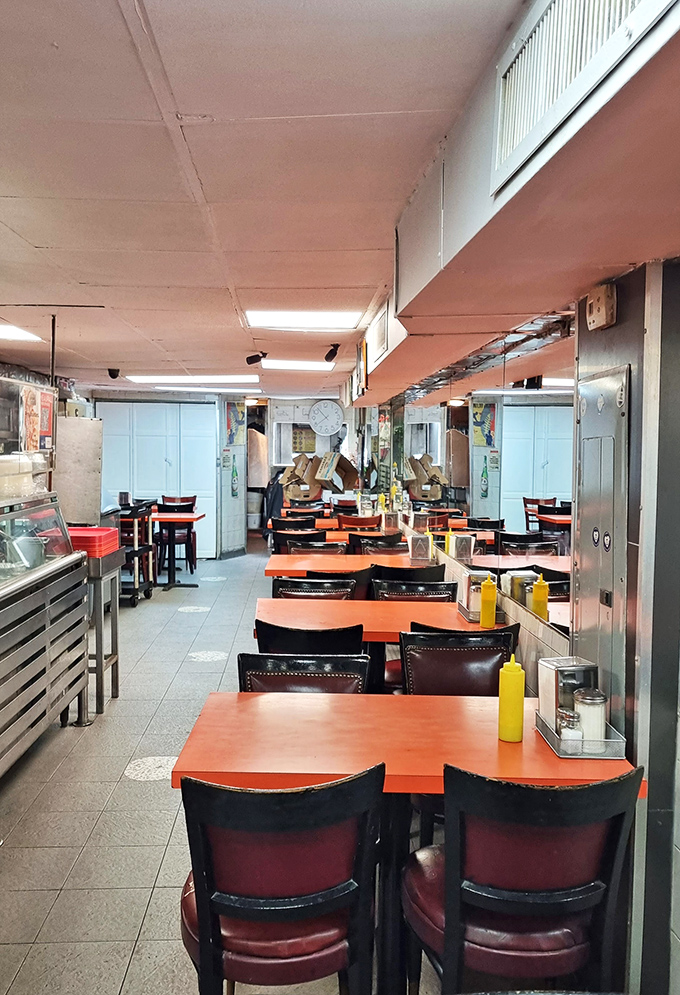 Tables set for culinary adventures, waiting for the next wave of hungry explorers. It's like Jurassic Park, but with more delicious outcomes.