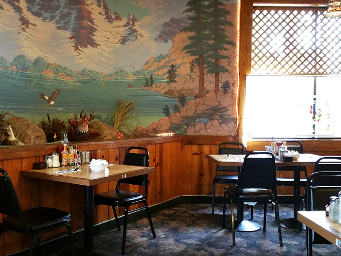 A slice of Americana with a side of eggs! This corner captures the essence of classic diner charm, complete with a picturesque mural.