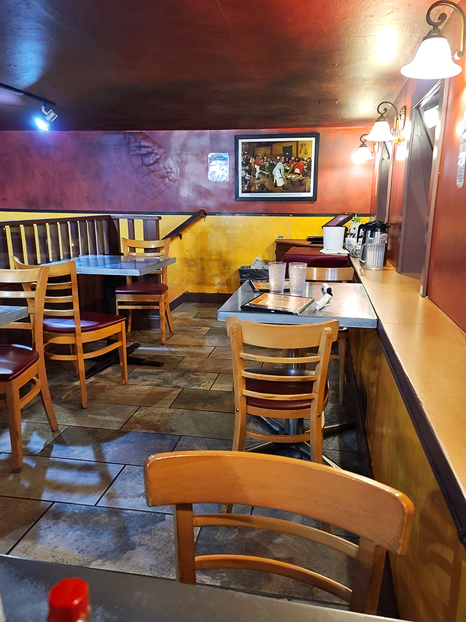 Cozy corners and warm hues: the perfect backdrop for your morning feast. It's like eating in a Tuscan villa, but with better pancakes.