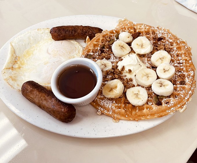 Waffle wonderland! This stack is so dreamy, it could star in its own breakfast-themed rom-com.
