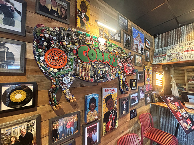 Wall of fame or wall of flame? Corky's decor is a visual feast, celebrating Memphis music and barbecue in equal measure.