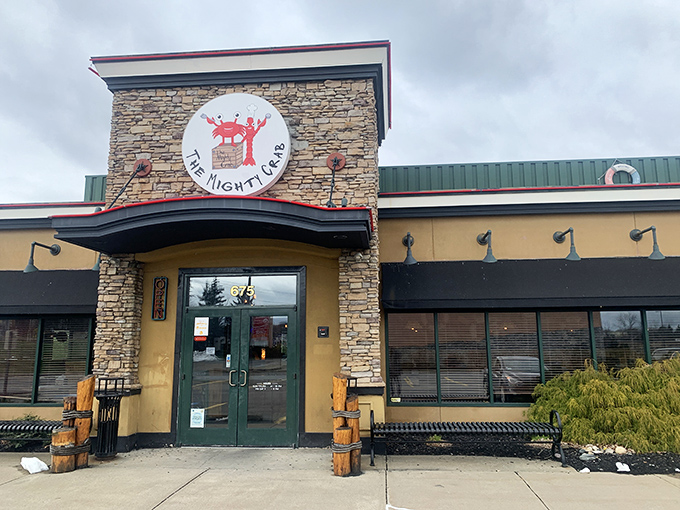 Crab castle ahead! The Mighty Crab's stone facade promises a feast fit for Neptune himself, right in Latham.