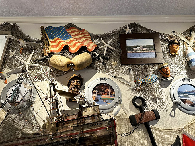 A wall of wonders that's part nautical museum, part fever dream. It's like the ocean decided to decorate your grandpa's den.