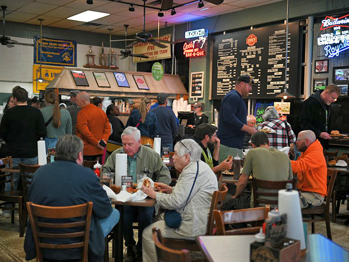 The dining room at Joe's: where strangers become friends united by the universal language of "mmm" and "pass the napkins."
