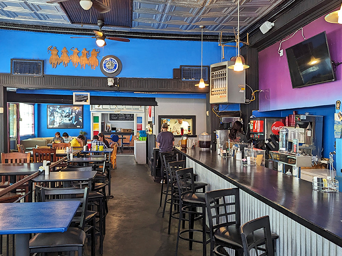 Welcome to flavor town, population: you. This diner's interior is a kaleidoscope of colors, promising a feast for both your eyes and your stomach.