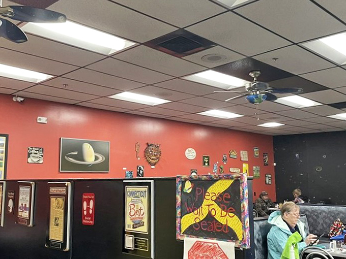 A sea of colorful plates in a diner full of happy faces. It's like a Norman Rockwell painting, but with better food.