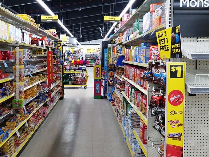 Prepare for a great value invasion! This aisle is packed tighter than your suitcase before a "free checked bag" flight.