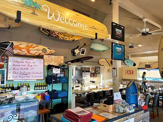 Welcome to flavor paradise! This surf shack-meets-diner vibe is giving me major vacation envy... and I haven't even tasted the food yet.