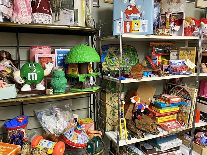 Toy story, anyone? This shelf is where childhood dreams come to reminisce. Hello, green M&M, my old friend!