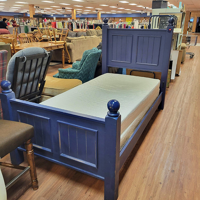 Sweet dreams are made of this! This blue bed frame is ready to sail you off to slumberland. All aboard the S.S. Snooze!