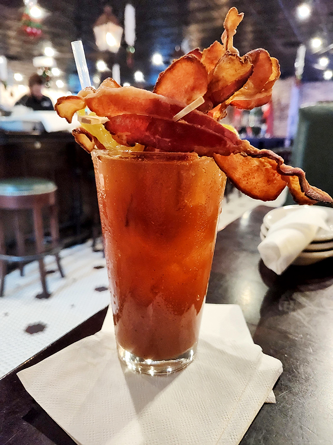 This Bloody Mary isn't just a drink; it's a meal with a straw. Topped with enough garnishes to qualify as a small salad, it's brunch in a glass.