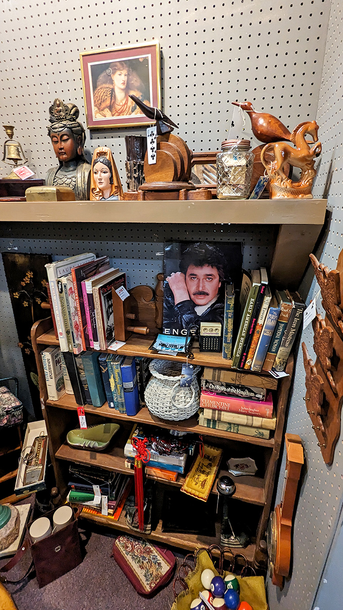 Bookworms and vinyl lovers, rejoice! This corner is a time capsule of pop culture, complete with a brooding Engelbert Humperdinck keeping watch.