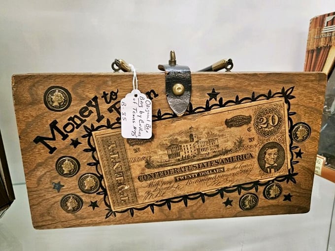 Money talks, but this wooden Confederate currency display shouts volumes about history. A controversial conversation starter for the brave collector.