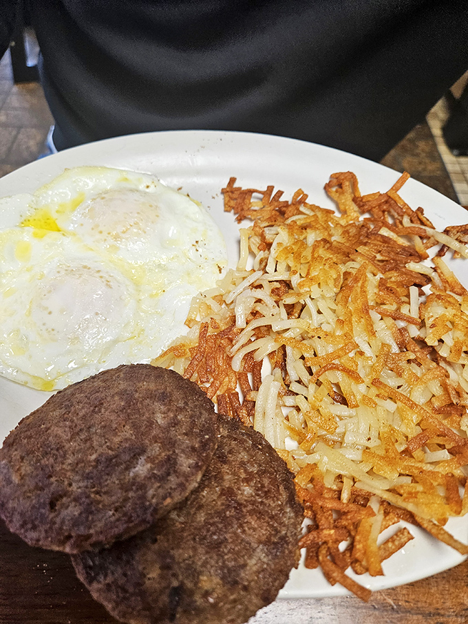 The classic American breakfast: where eggs, sausage, and hash browns unite to kick-start your day like a patriotic power trio.