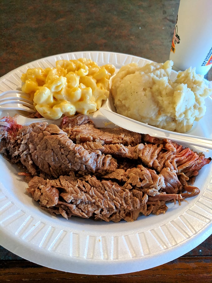 Brisket that doesn't need a knife, just a gentle nudge. Paired with creamy mac and mashed potatoes for comfort food nirvana.