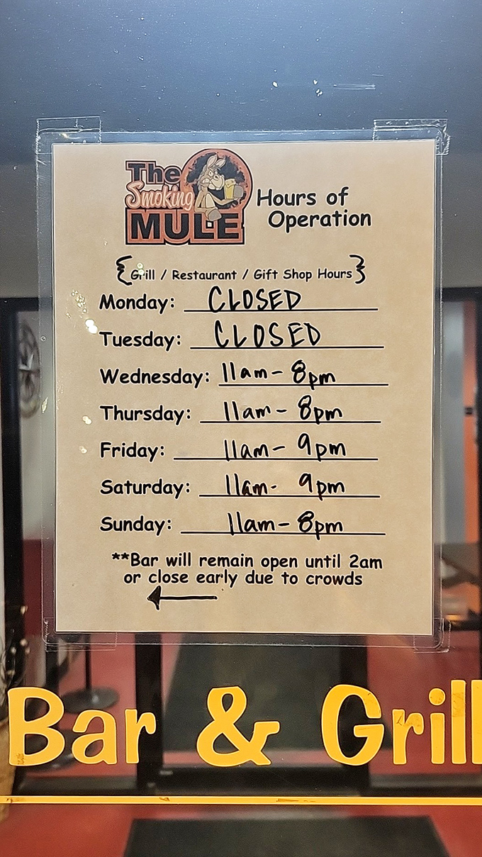 The hours of operation: A friendly reminder that good things come to those who plan ahead. Tuesday blues? They've got a cure for that on Wednesday.