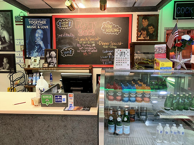 Part soda fountain, part rock 'n' roll shrine, this cash register area is where the magic happens. Your wallet might get lighter, but your spirits will soar!