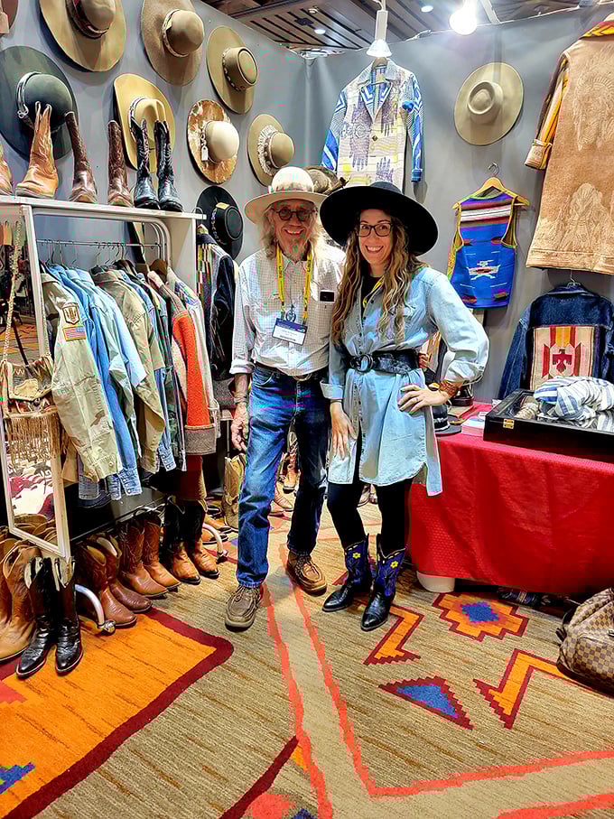 Cowboy couture central! From ten-gallon hats to fringed jackets, this booth is where John Wayne meets Project Runway.