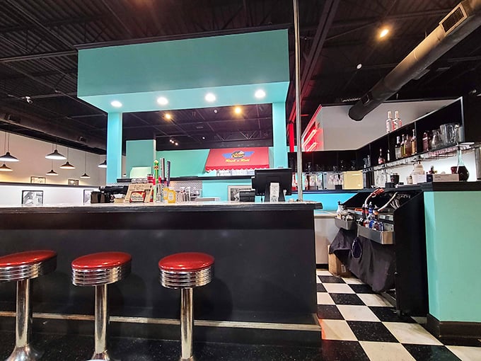 Classic counter seating with those iconic red stools&mdash;where solo diners become regulars and servers know your order before you sit down.