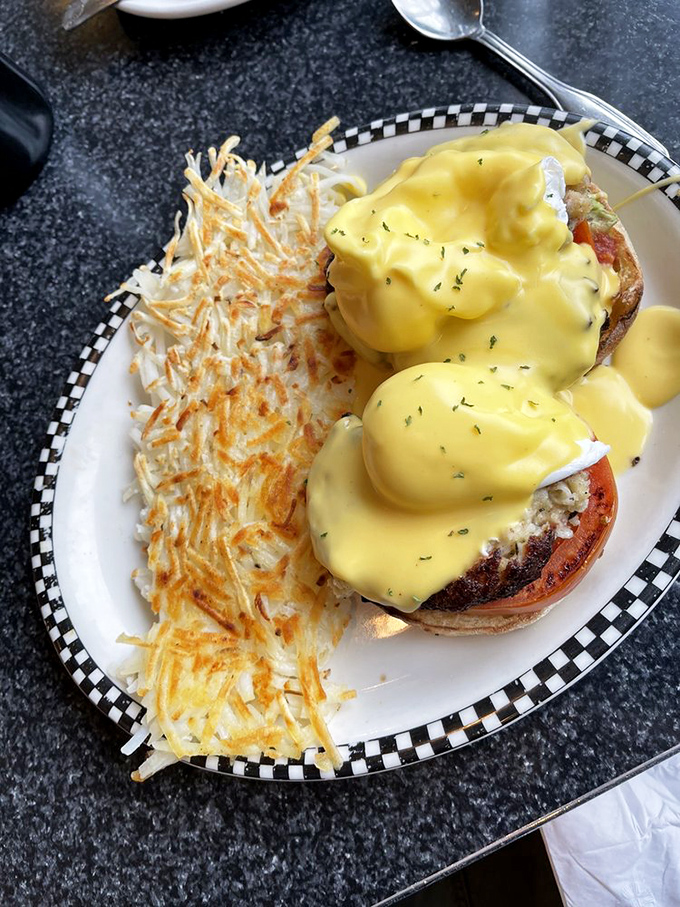 Holy hollandaise, Batman! This Crab Cake Benedict isn't just breakfast – it's a sunrise seafood spectacular that would make Poseidon himself jealous.