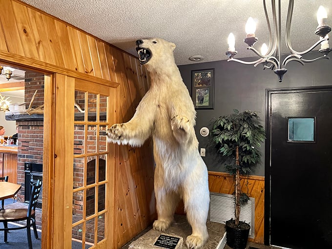 That polar bear isn't just decor &ndash; he's the unofficial greeter. Standing tall and proud, he's a reminder that at the Cow Palace, dinner comes with a side of adventure.