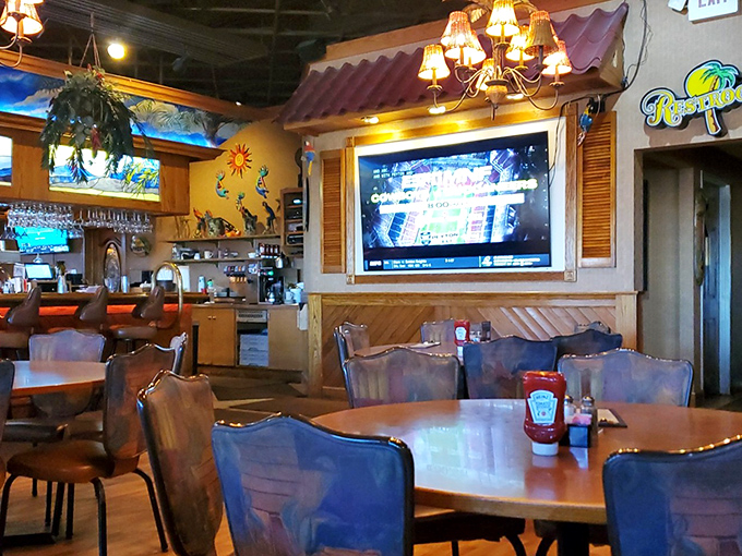 Red awnings, warm lighting, and the promise of BBQ – it's like the restaurant equivalent of a bear hug from your favorite uncle.