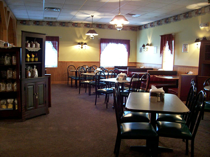 Simple tables and chairs in this dining area aren't trying to be Instagram-worthy&mdash;they're too busy being comfortable while you eat yourself happy.