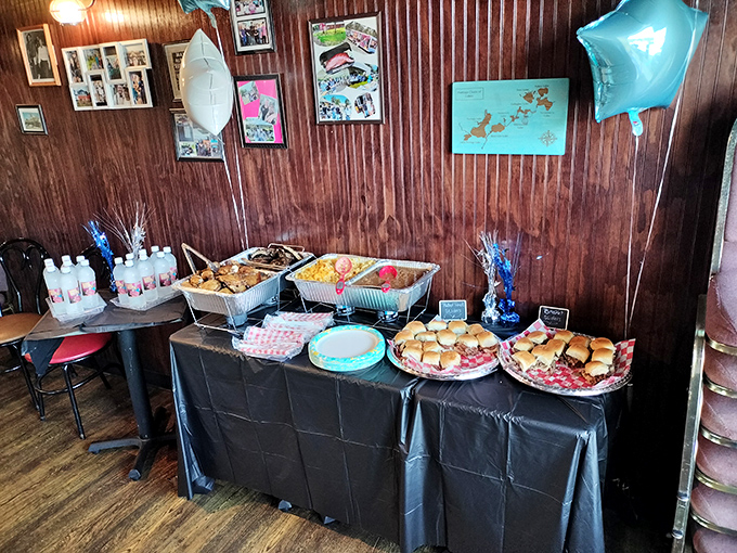 Behold, the buffet of champions! It's like Willy Wonka's factory, but replace the chocolate with BBQ. Augustus Gloop would approve.
