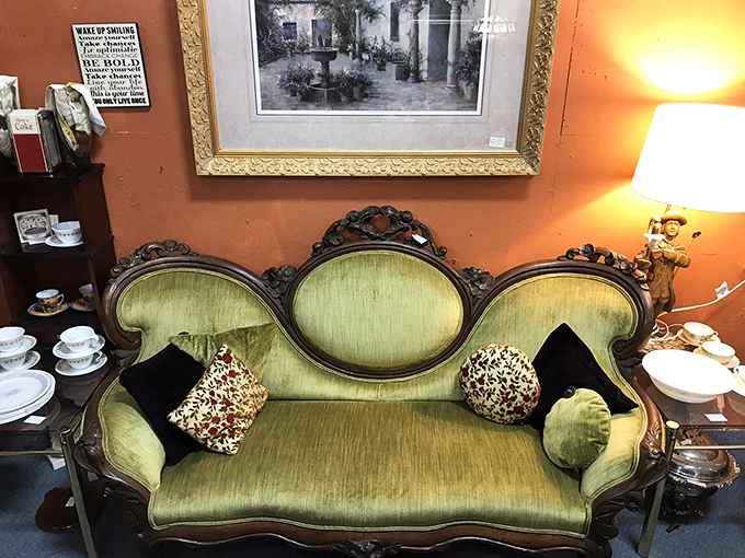 Ah, the fainting couch for when the vapors strike! This green velvet beauty is perfect for dramatically declaring, "I simply can't go on!" in true Victorian style.