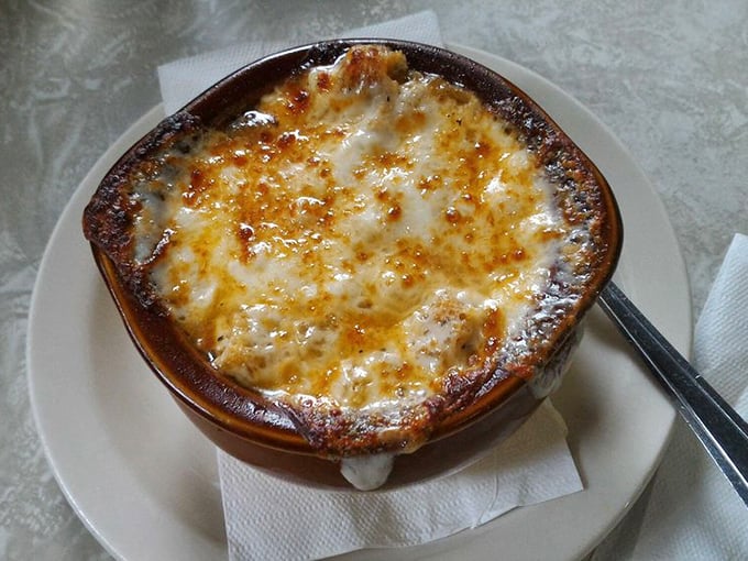 French onion soup that's achieved the perfect cheese-pull-to-broth ratio &ndash; a bubbling cauldron of comfort that's worth every potential roof-of-mouth burn.