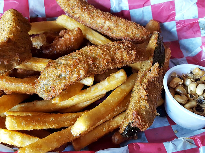 Crispy, golden fries and fried pickles that make you wonder why vegetables ever bothered growing any other way.