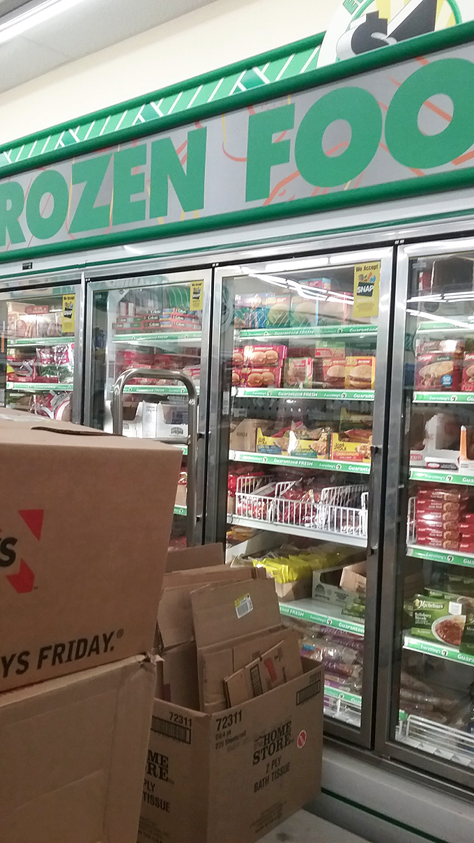 The frozen food section: where late-night hunger meets vacation ingenuity for families too tired for another restaurant outing.