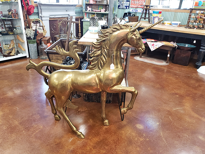 Who says unicorns aren't real? This golden beauty stands ready to add a touch of whimsy to any room... or start a band.