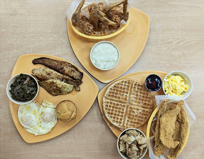 The holy trinity of Southern cuisine: grilled catfish, fried chicken, and fried catfish. It's like a flavor explosion in your mouth – no passport required!