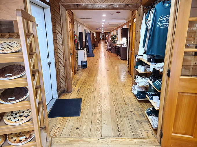 The hallway stretches like a wooden path to paradise, with treasures waiting on either side and the scent of cinnamon guiding you forward.