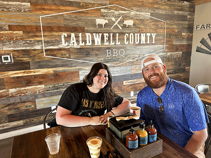 Happy diners, full bellies! These folks look like they've just discovered the secret to eternal happiness - and it's BBQ.