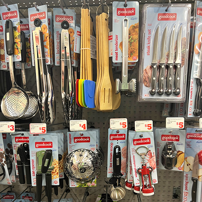Goodcook utensils hanging like culinary instruments waiting for their maestro. Professional-looking tools without the Williams-Sonoma price tag.