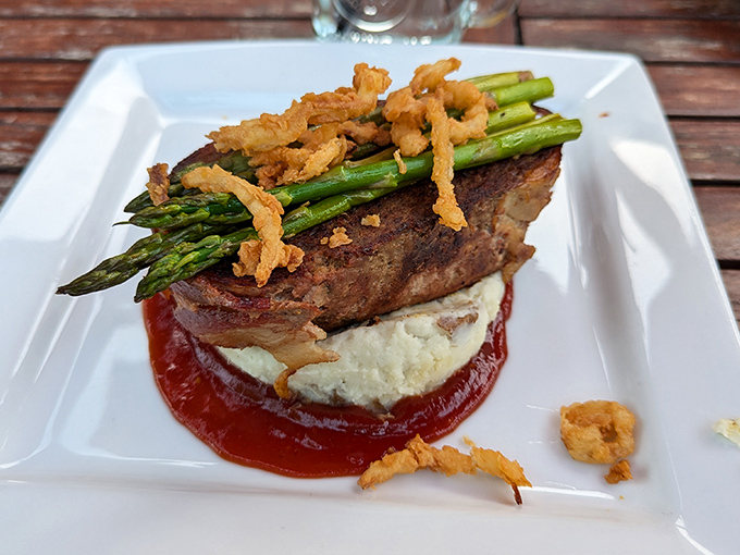 Meatloaf that would make your grandma jealous. Topped with asparagus and nestled on mashed potatoes, it's comfort food elevated to an art form.