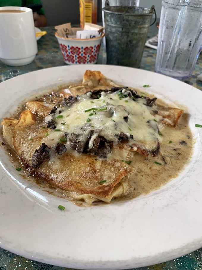 Mushroom and Swiss, the dynamic duo! These crepes aren't just breakfast; they're a flavor-packed adventure wrapped in a delicate pancake embrace.