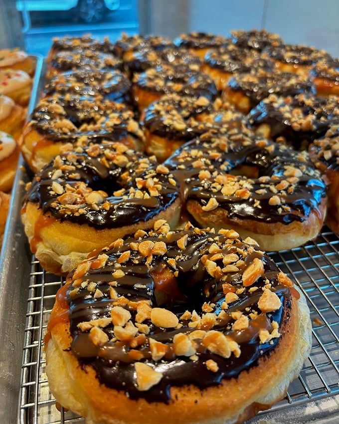 Chocolate and nuts, a match made in heaven! These donuts look like they're wearing tiny tuxedos for a black-tie affair.