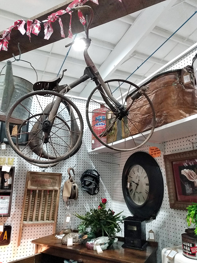 Wheel-y cool find! This vintage bicycle isn't just hanging around &ndash; it's suspended in time, waiting for its next great adventure.