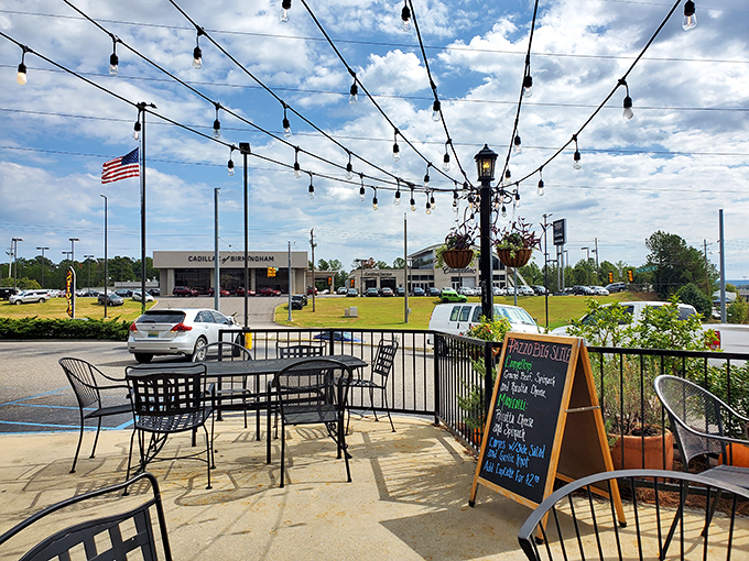 Strings of lights add a touch of magic to outdoor dining. It's like eating pizza under the stars, even at noon.