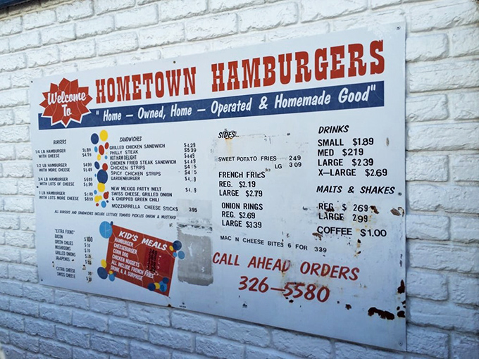 A menu that's seen more action than Indiana Jones. Each faded price tells a tale of burger adventures past.