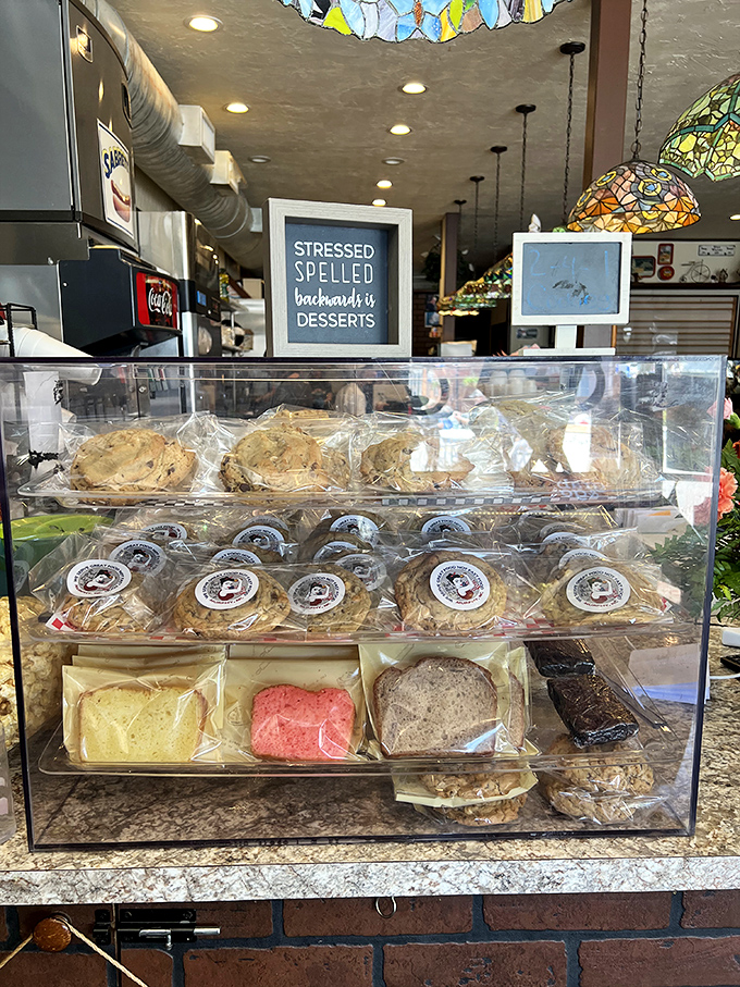 "Stressed spelled backward is desserts"&mdash;a sign that gives you permission to indulge in cookies and sweetness.