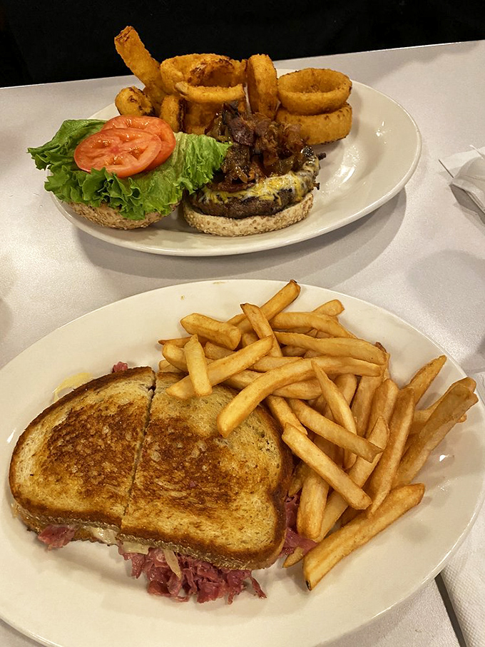 A tale of two plates: The classic Reuben meets the boulder-sized burger. It's a diner duet that'll have you humming with happiness.