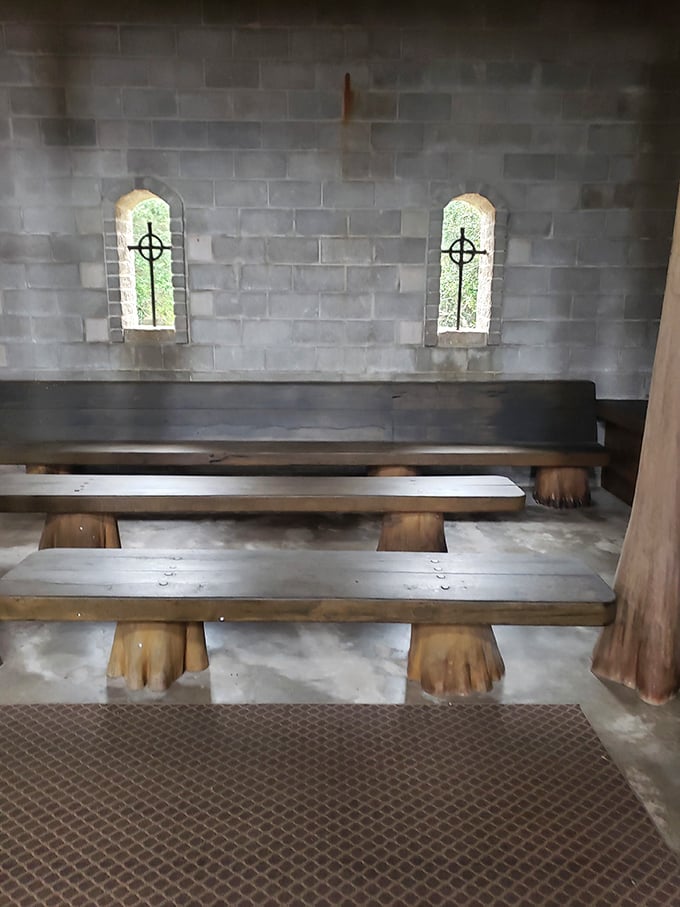Pews fit for peasants and nobles alike. These rustic benches invite quiet contemplation (or plotting your next Florida adventure).